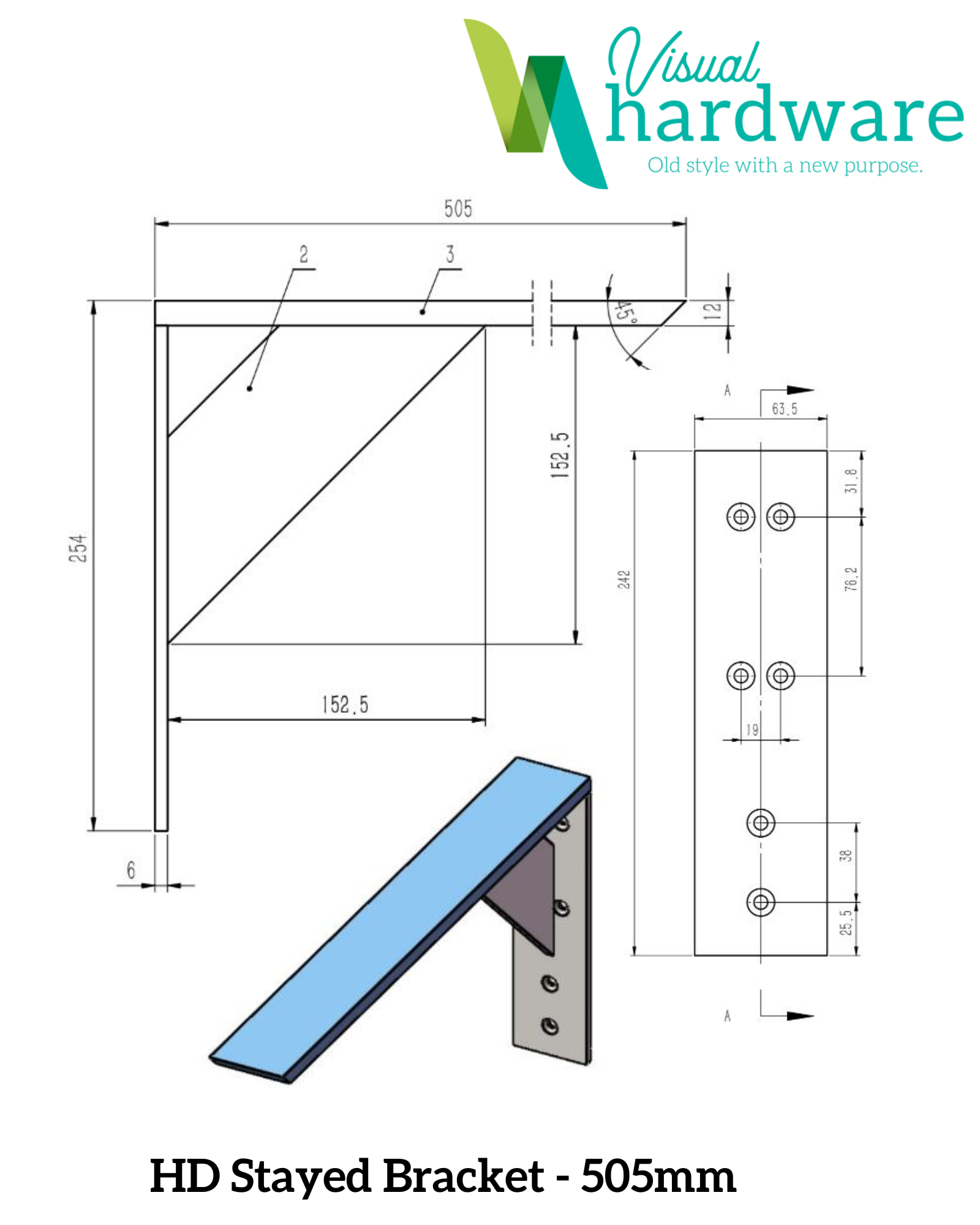 Heavy Duty Stayed Bracket (3 Sizes), Shelves and Brackets | Visual Hardware