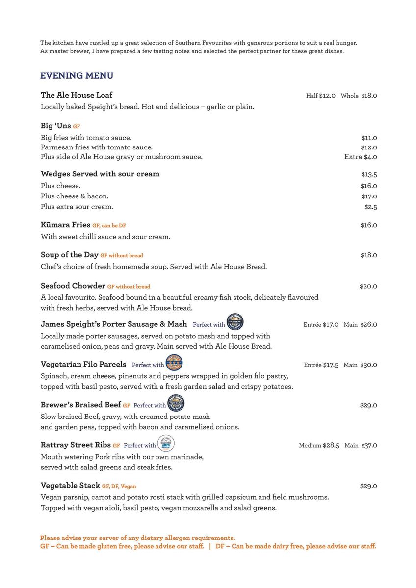 Dinner Menu | The Speight's Ale House Dunedin