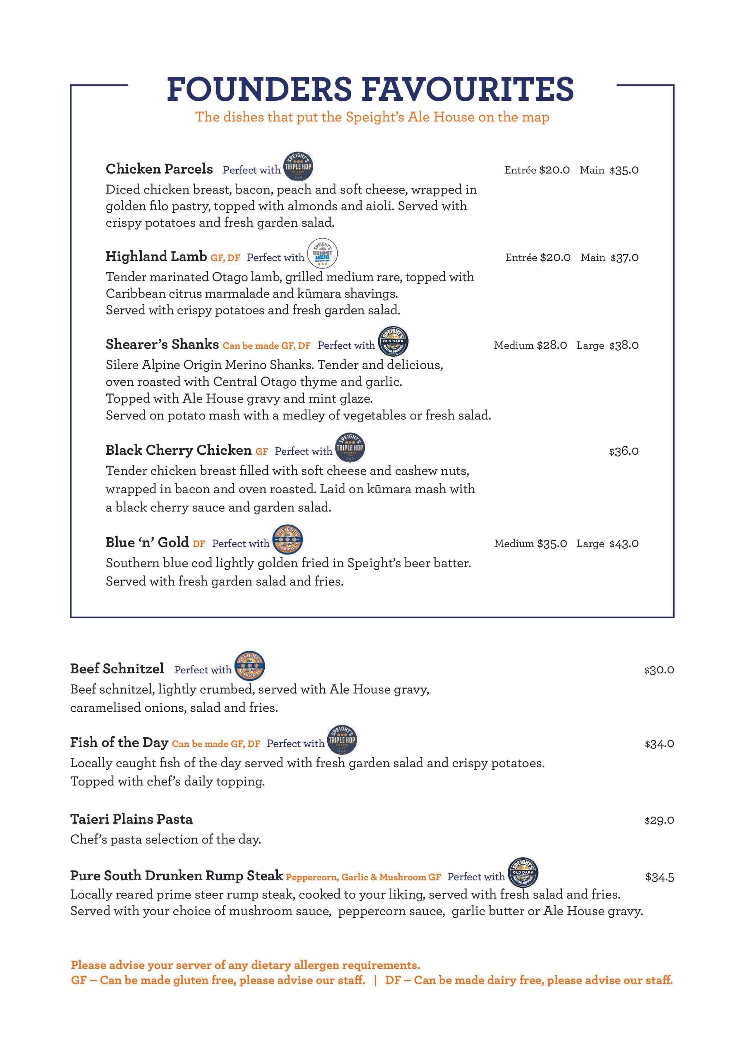 Dinner Menu | The Speight's Ale House Dunedin
