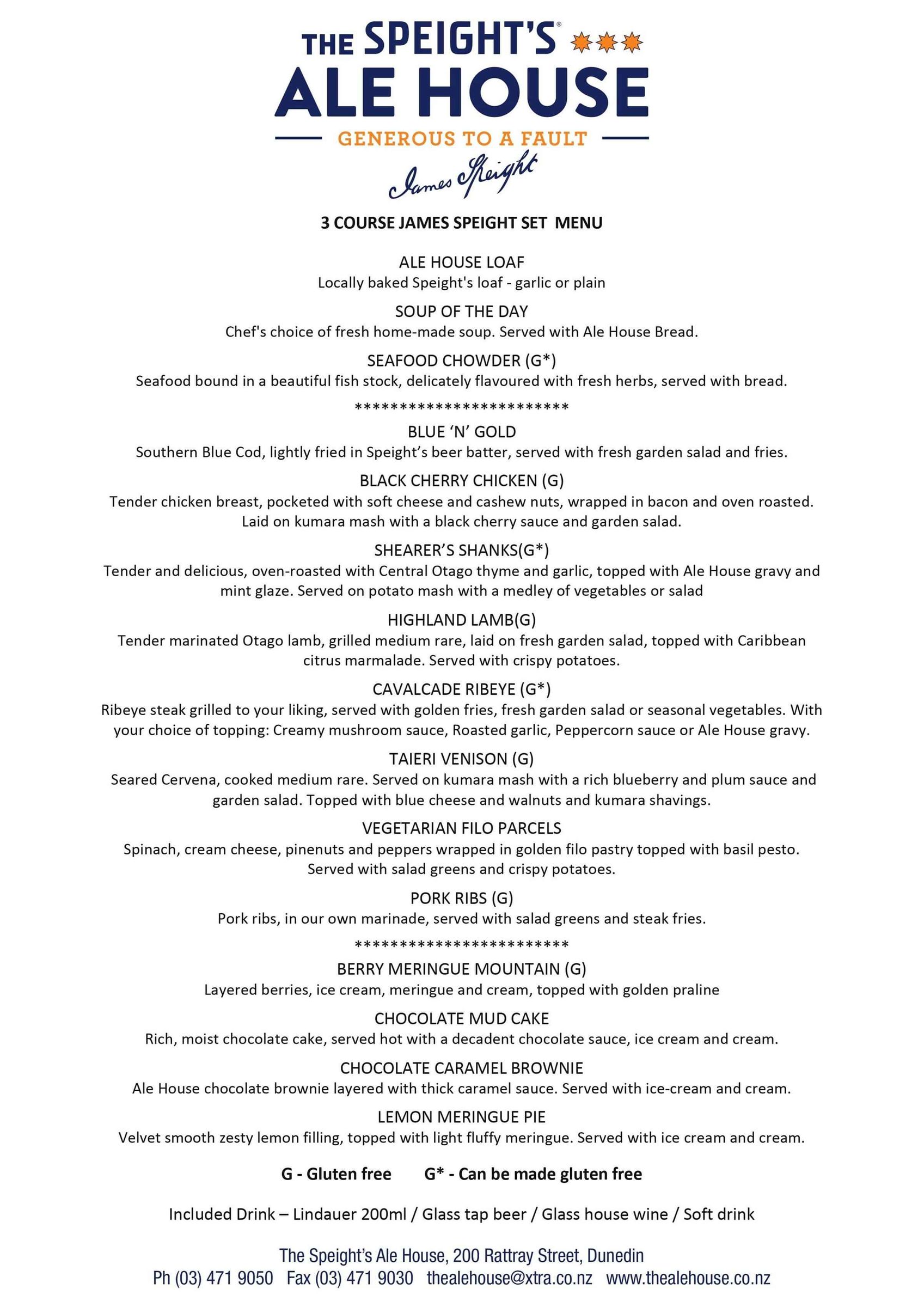 James Speight Set Menu | The Speight's Ale House Dunedin