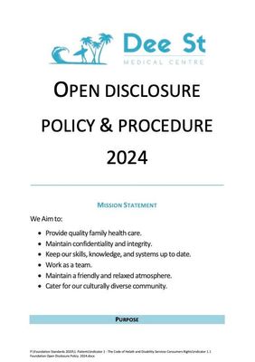 Open Disclosure Policy and Procedure | Dee Street Medical Centre