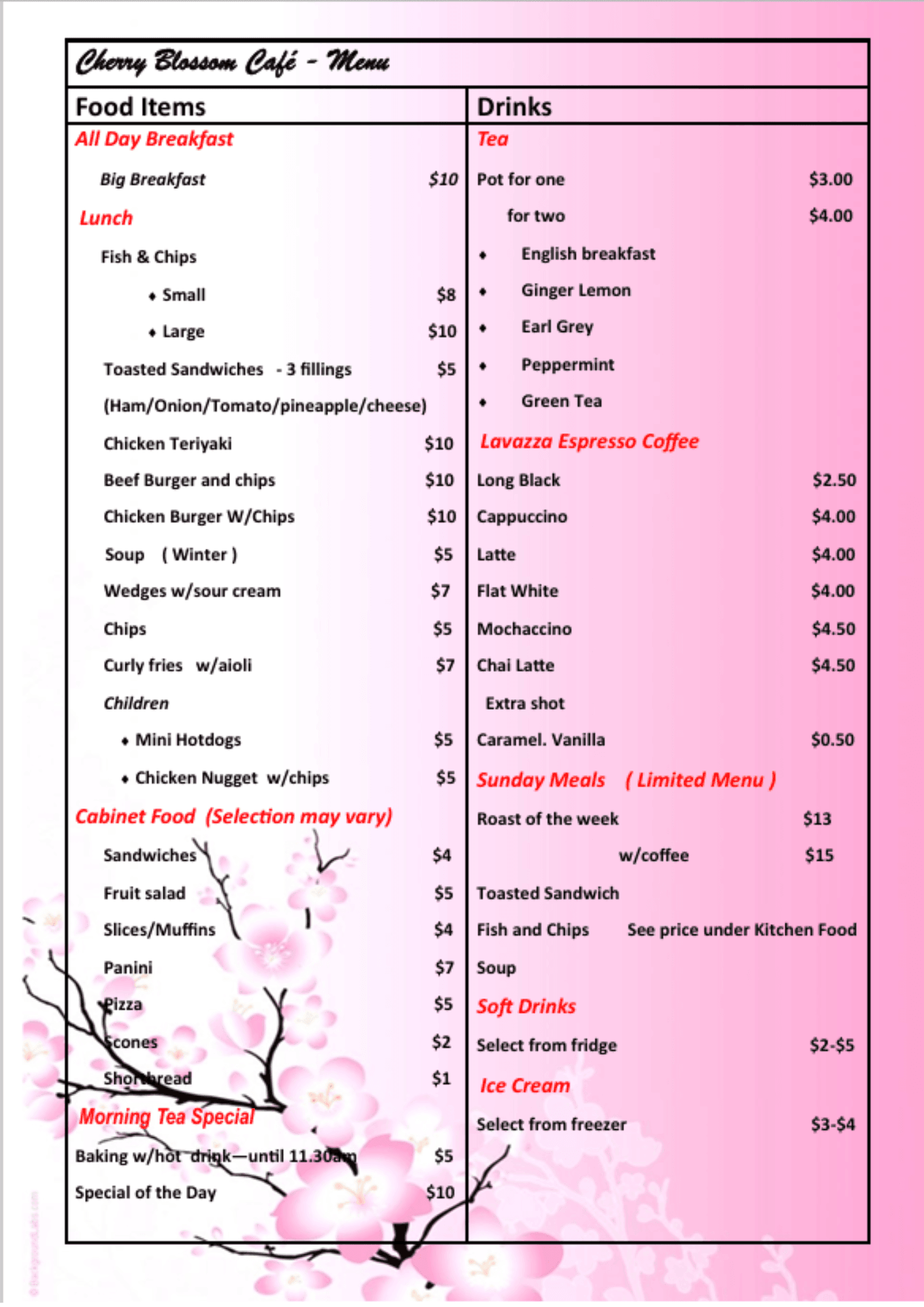 Cherry Blossom Cafe Menu | Tamahere Eventide