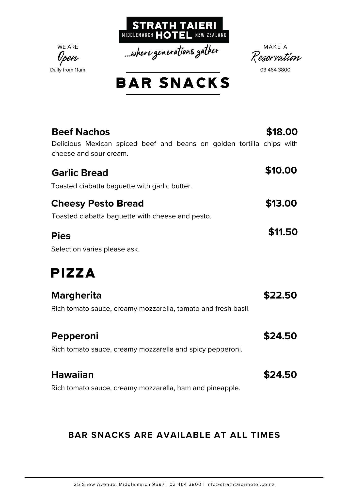 Middlemarch Pub Menu - Strath Taieri Hotel | Strath Taieri Hotel